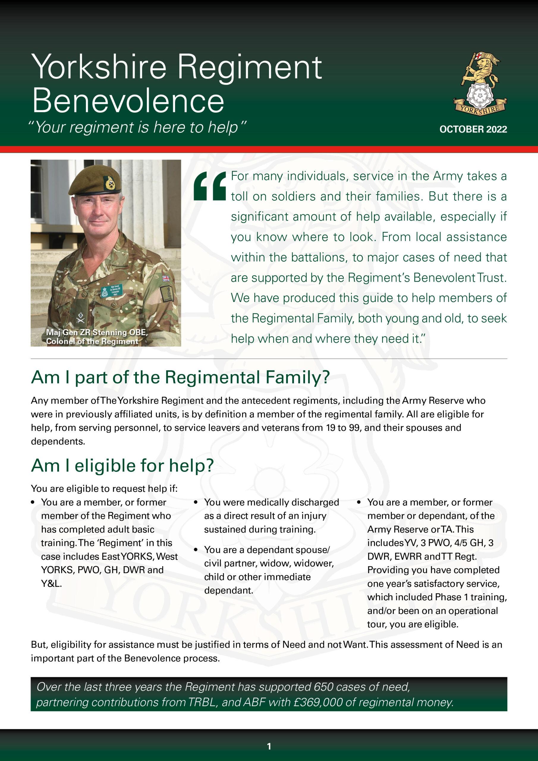 Yorkshire Regiment Benevolence Guide – The Royal Yorkshire Regiment